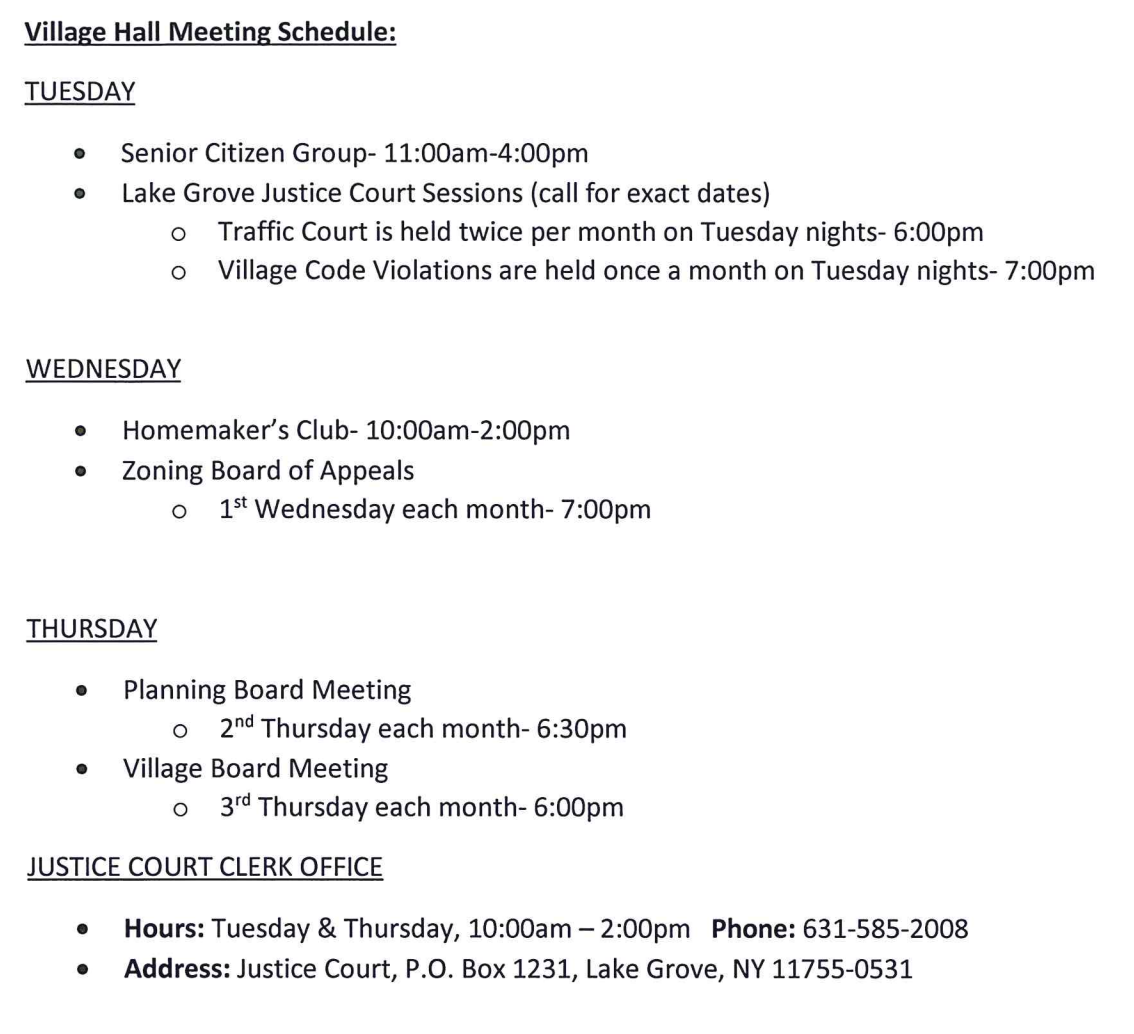 Village Hall Meeting Schedule - Village of Lake Grove